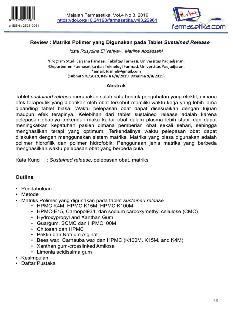 Review Matriks Polimer Yang Digunakan Pada Tablet PDF | PDF