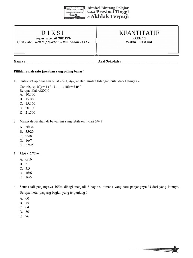 Soal DIKSI SI SBMPTN - Kuantitatif - Paket 1 TA19-20 PDF | PDF