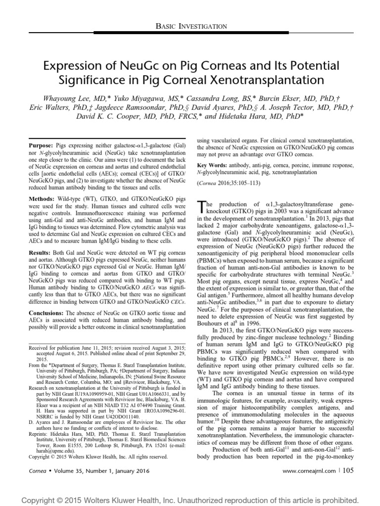 Expression of Neugc On Pig Corneas and Its Potential Significance in ...