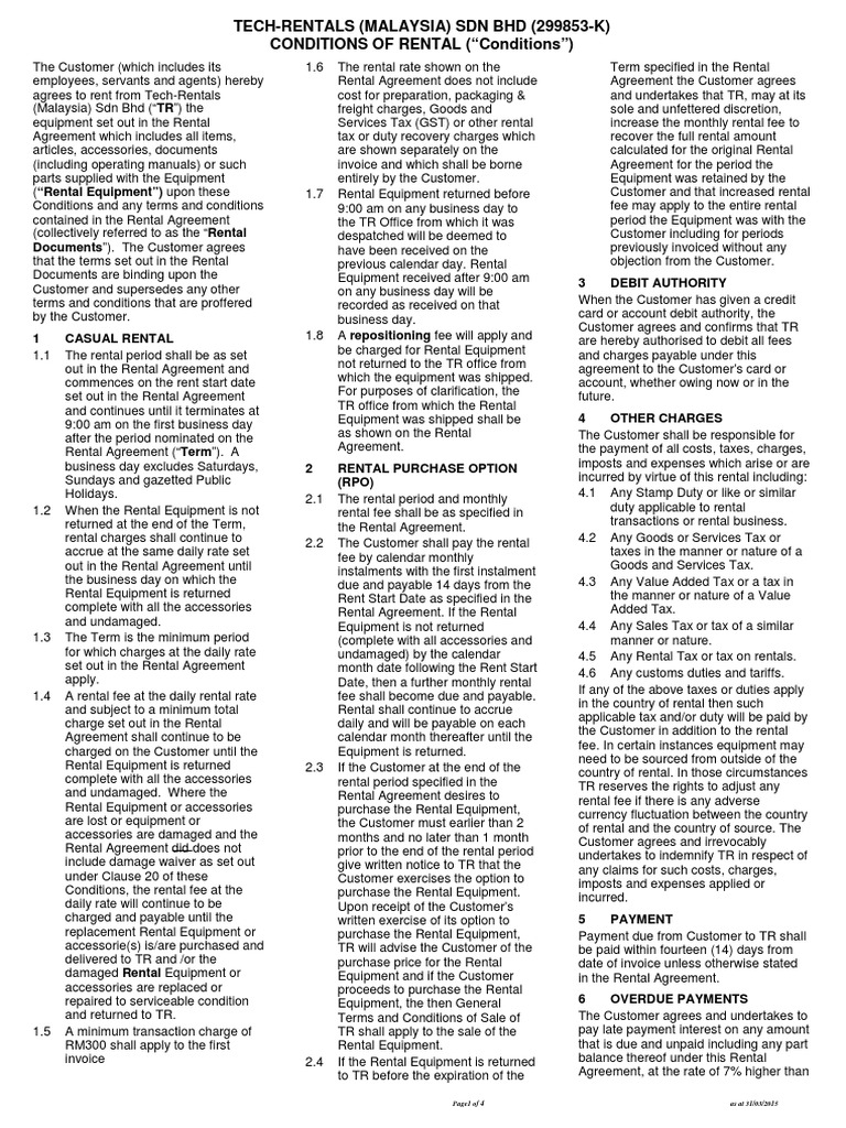 TRC MY Terms and Conditions of Rental | PDF | Renting | Indemnity