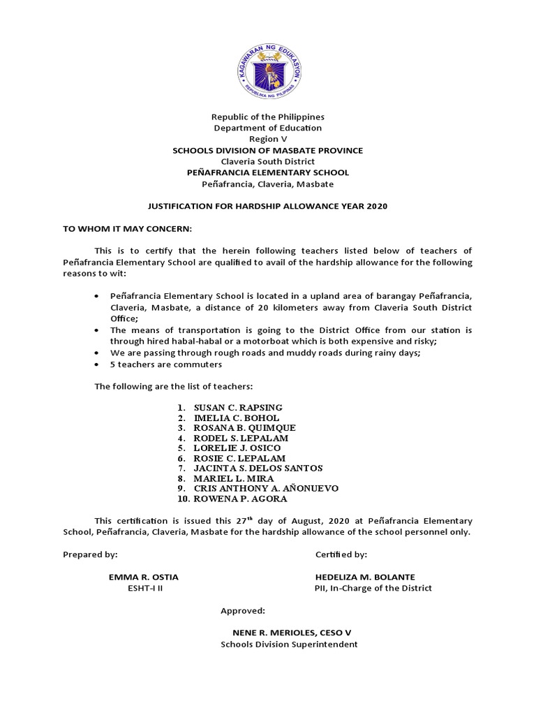 Hardship Allowance Justification 2020 | PDF