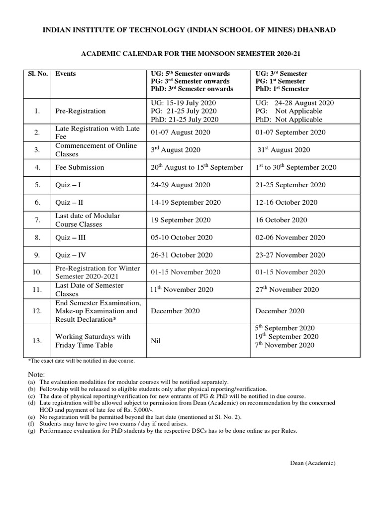 Academic Calendar For The Monsoon Semester (2020-21) | PDF | Academic ...