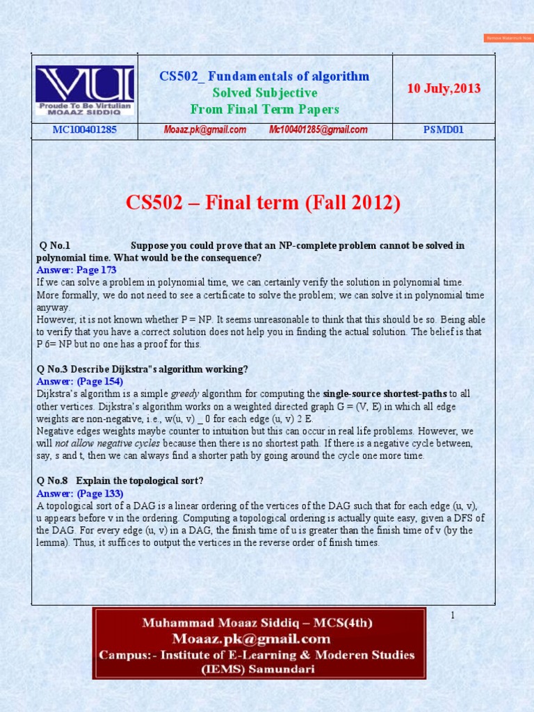 CS502 - Final Term (Fall 2012) : CS502 - Fundamentals of Algorithm | PDF | Mathematical ...