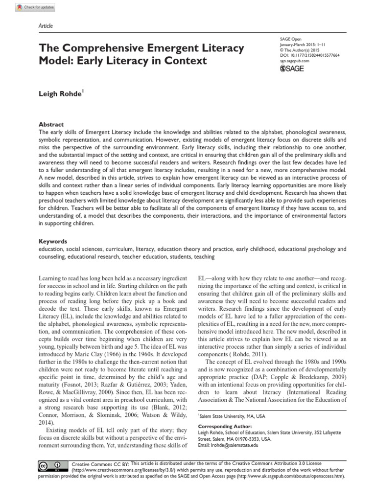 The Comprehensive Emergent Literacy Model: Early Literacy in Context ...