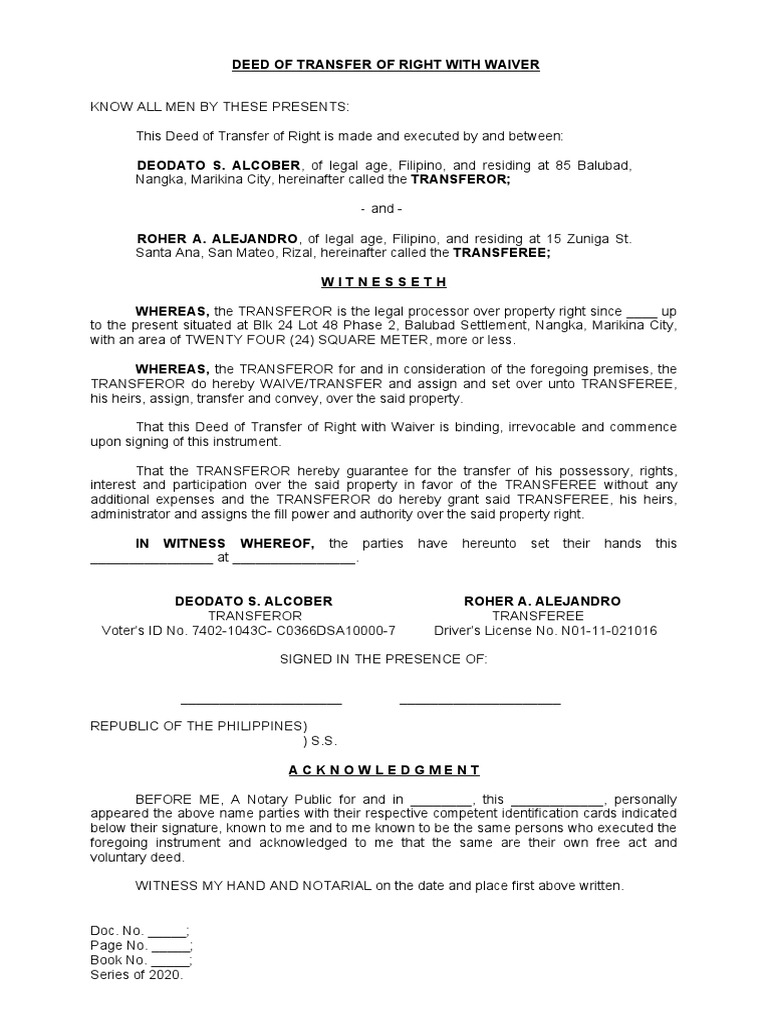 Deed of Transfer of Rights with Waiver | PDF | Property | Civil Law ...