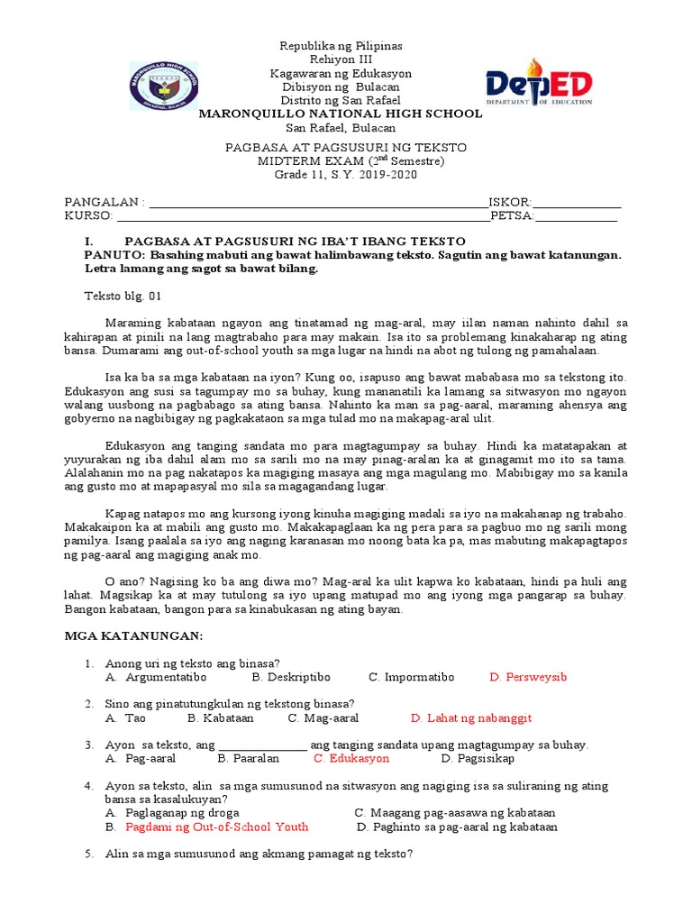 Midterm Exam Sa Pagbasa at Pagsusuri 2019-2020 Answer Key | PDF