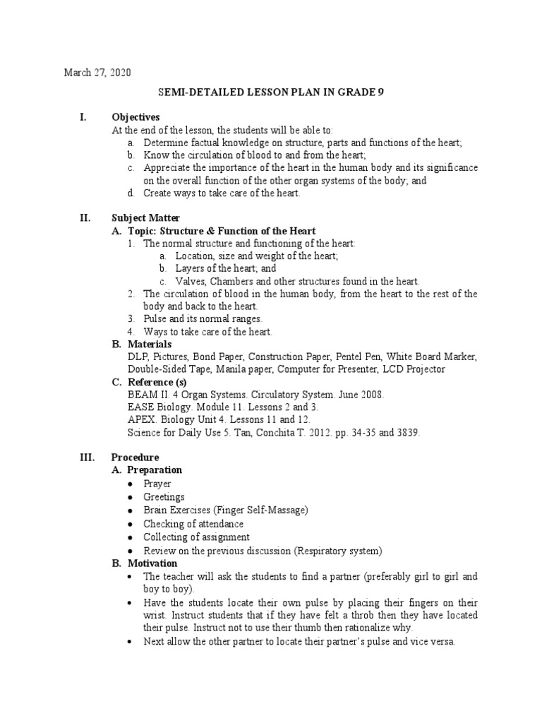 Apostol Semi-Detailed Lesson Plan | PDF | Heart | Cardiac Muscle