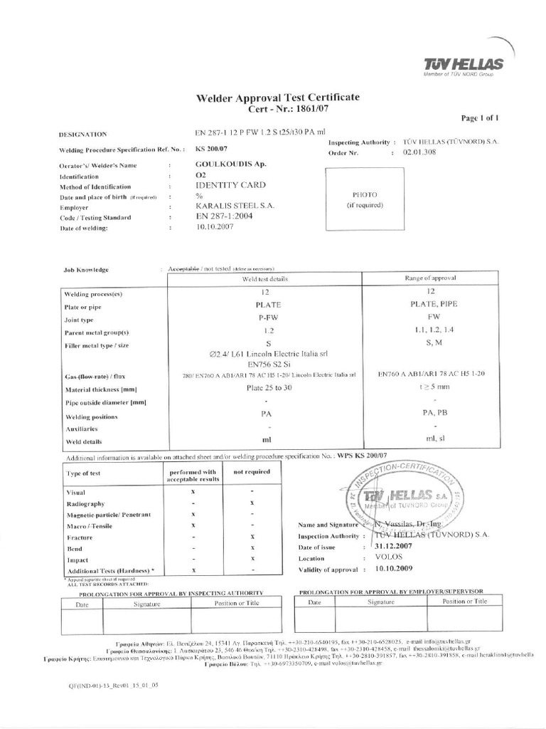 ,E/'IAS: Welder Approval Test Certilicate | PDF