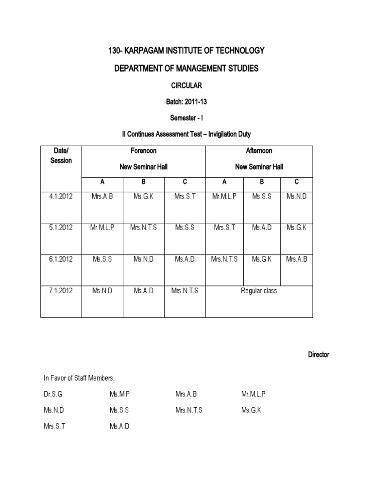 Invigilation Duty Schedule for II Continuous Assessment Tests at ...