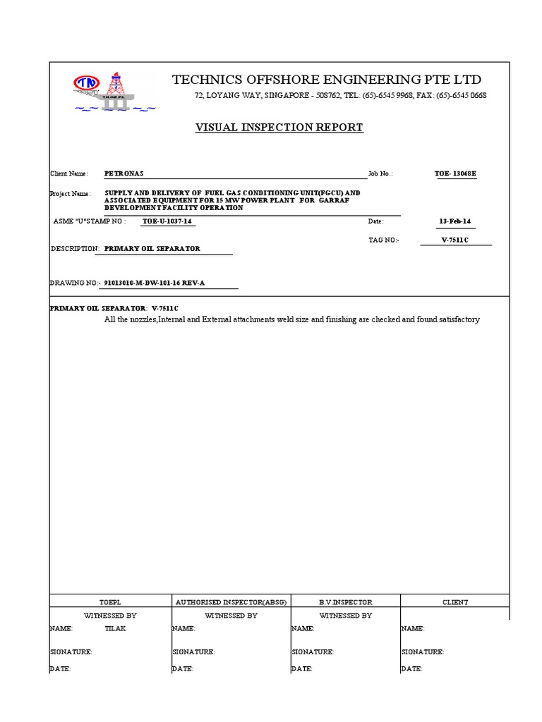 Technics Offshore Engineering Pte LTD: Visual Inspection Report | PDF | Mechanical Engineering ...