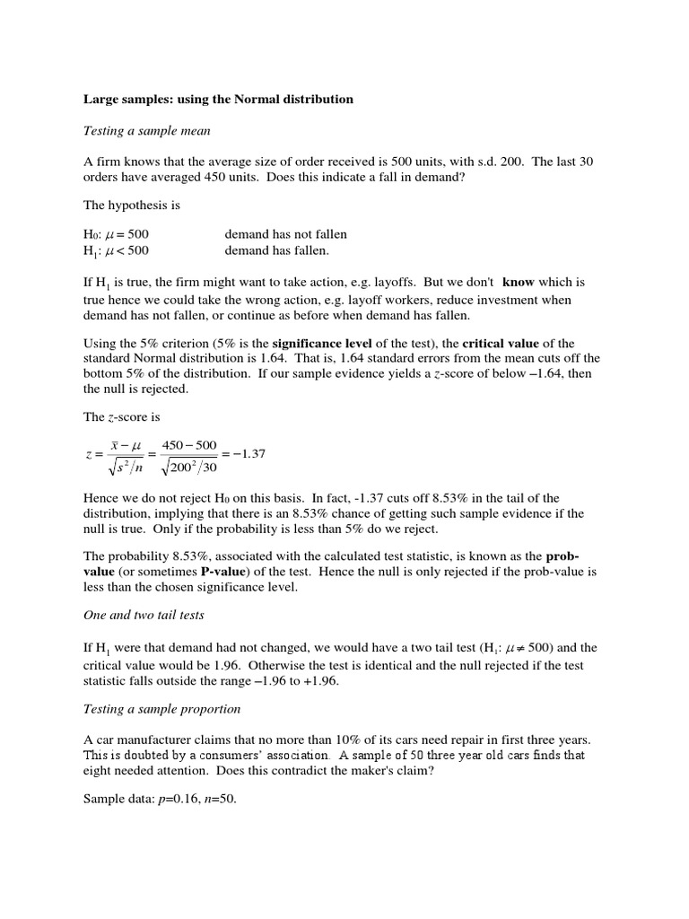 Testing A Sample Mean: Large Samples: Using The Normal Distribution ...