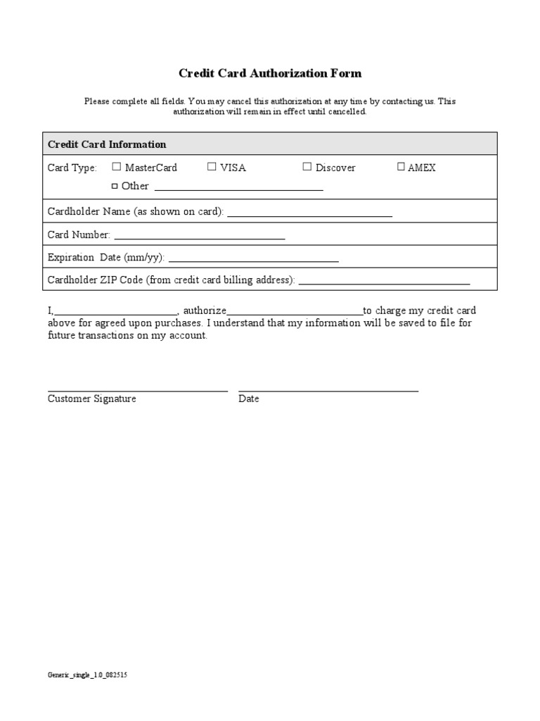 Credit Card Authorization Form Template | PDF