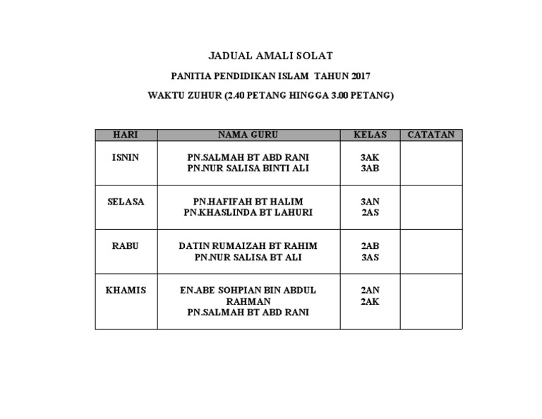 Jadual Amali Solat 2017 | PDF