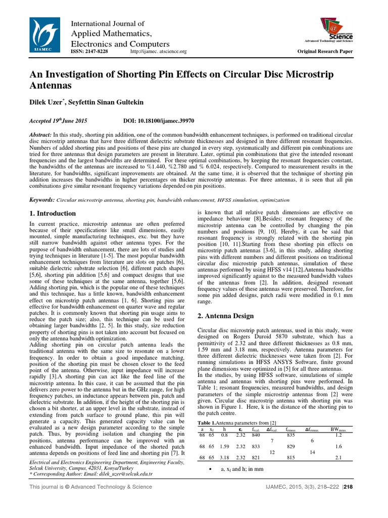 An Investigation of Shorting Pin Effects On Circular Disc Microstrip ...