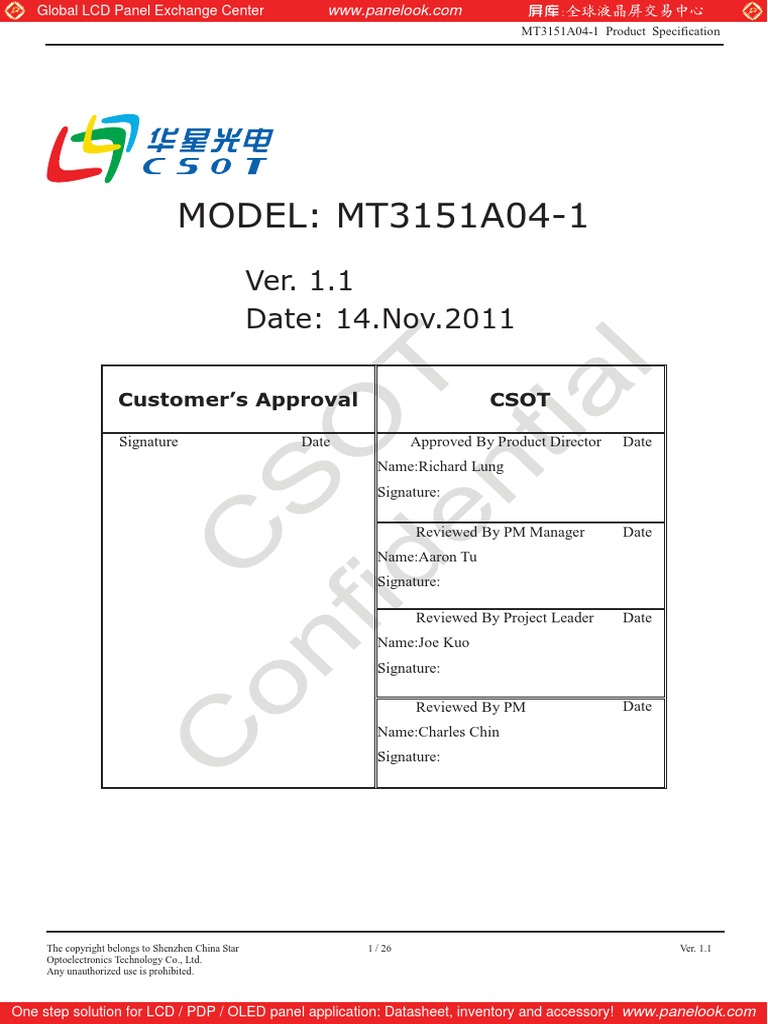 Mt3151a04 1 Csot | PDF | Liquid Crystal Display | Backlight