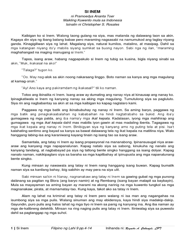Si Inem Ni Pramoedya Ananta Toer | PDF