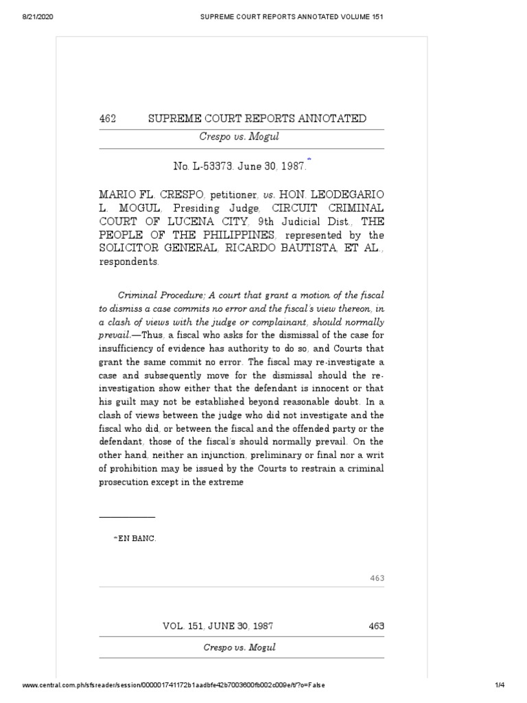 Crespo vs. Mogul 151 SCRA 462, June 30, 1987 | PDF | Prosecutor | Discretion