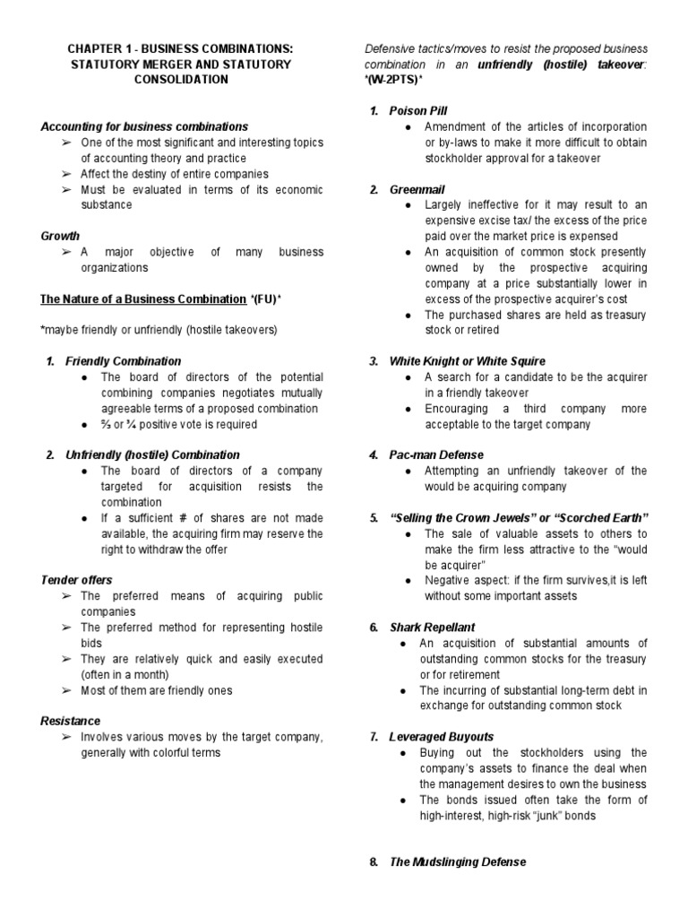 Chapter 1 - Business Combinations: Statutory Merger and Statutory ...