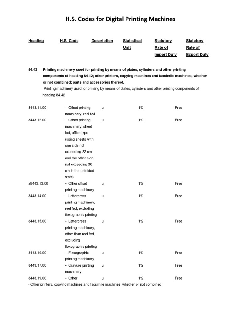 H.S. Codes For Digital Printing Machines | PDF | Printing | Printer ...