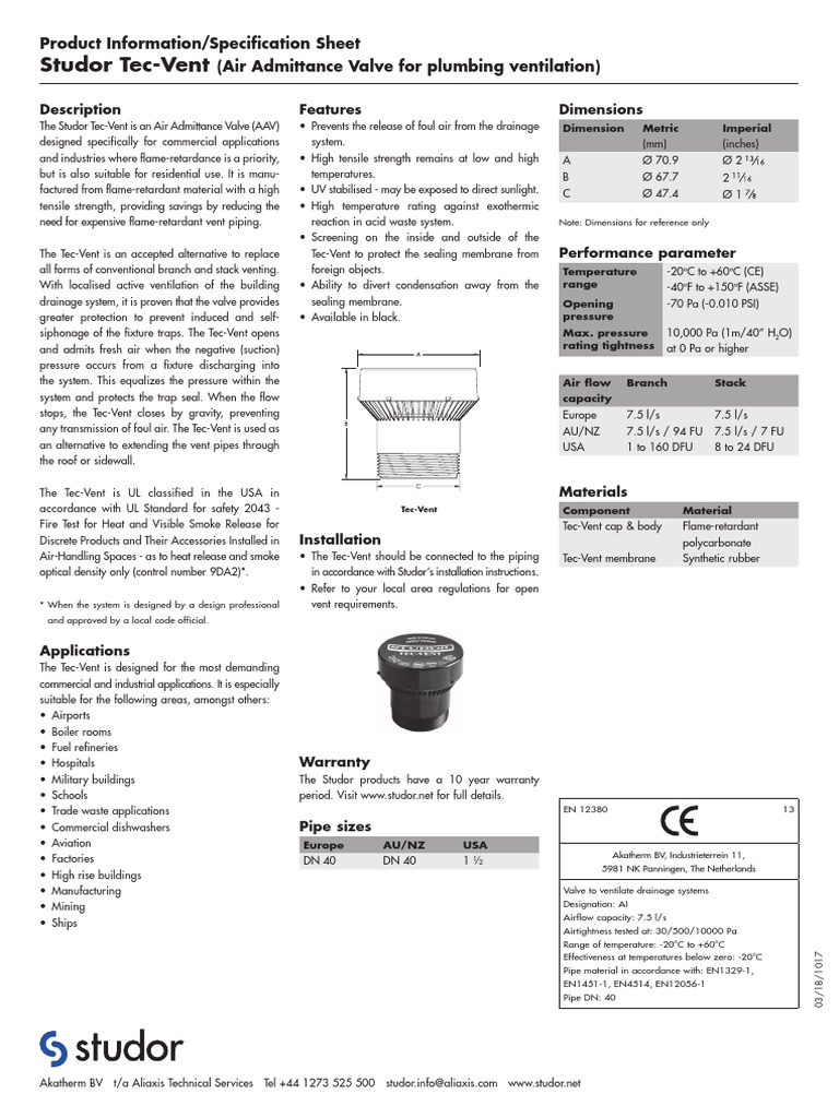 Studor Tec-Vent: Product Information/Specification Sheet (Air ...