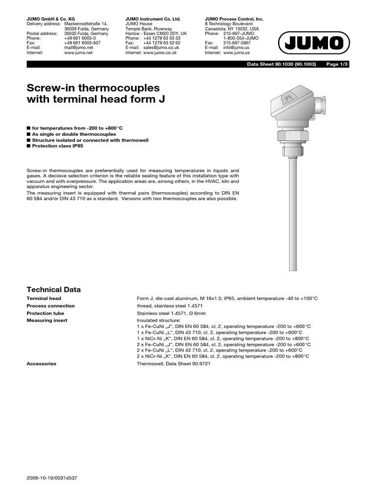 JUMO Screw-In Thermocouples with Terminal Head Form J Data Sheet | PDF ...