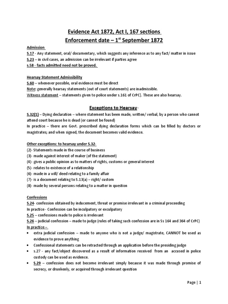 Evidence Act BD - Short Note | PDF | Hearsay | Evidence (Law)