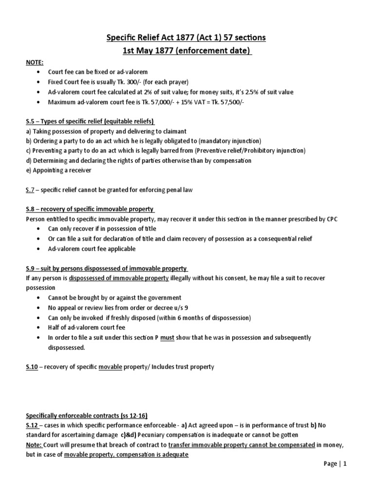 Overview of Specific Relief Act 1877 | PDF | Lawsuit | Damages