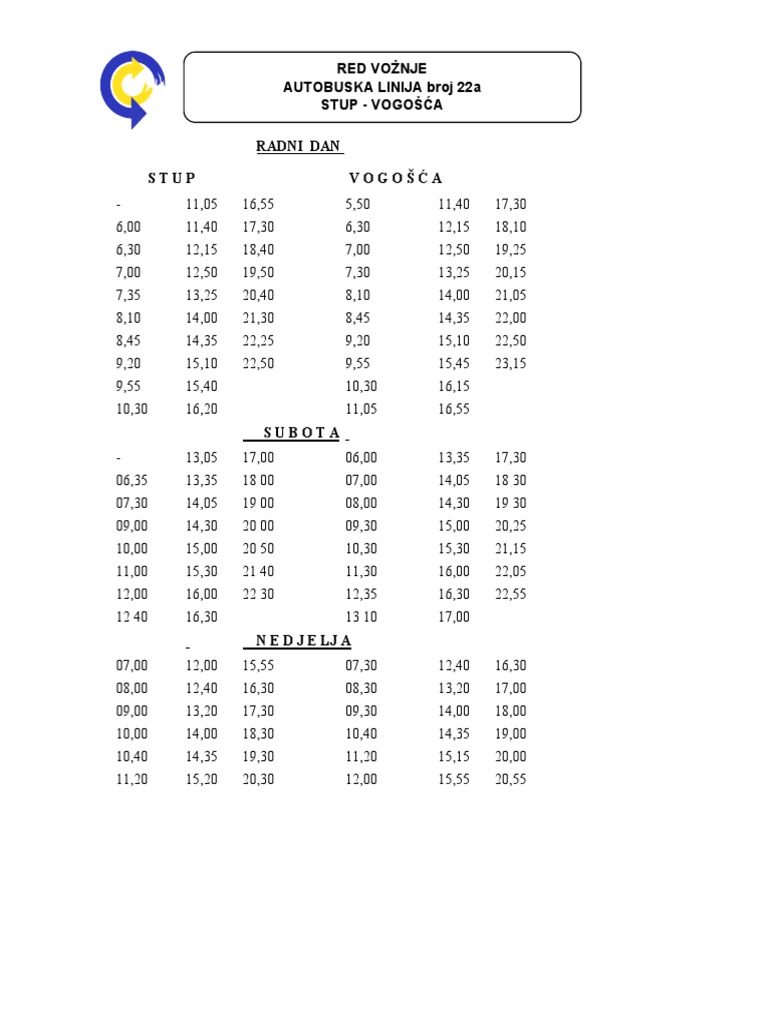 Bus Route Schedule from Stup to Vogosca | PDF
