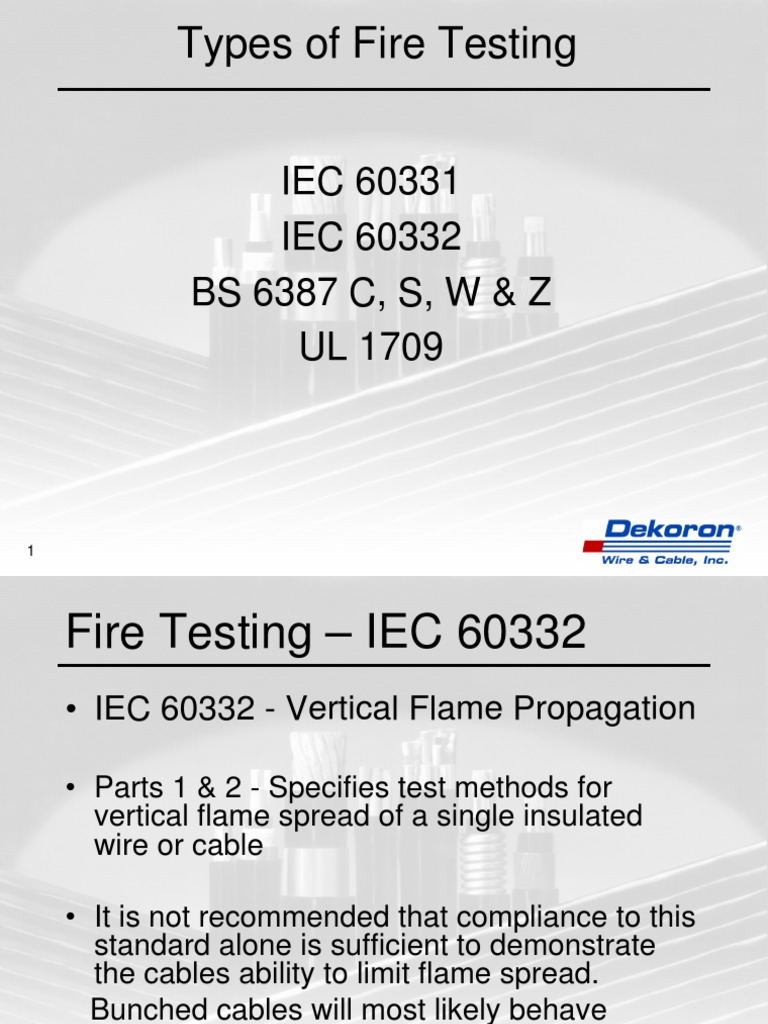 Types of Fire Testing: IEC 60331 IEC 60332 BS 6387 C, S, W & Z UL 1709 ...