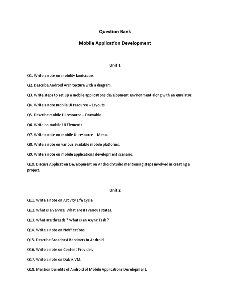 Question Bank Mobile Application Development: Unit 1 | PDF