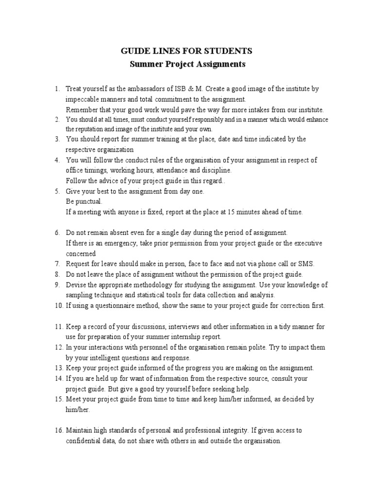 Summer Project Guidelines for Students | PDF | Mentorship | Cognition