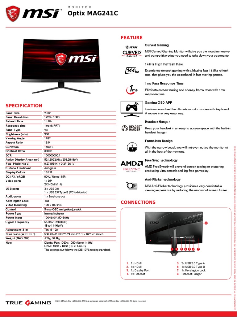 Msi Optix Mag241c Datasheet | PDF | Computer Monitor | Film Industry