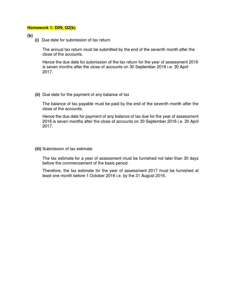 Homework 1: D09, Q2 (B) (B) (I) Due Date For Submission of Tax Return ...