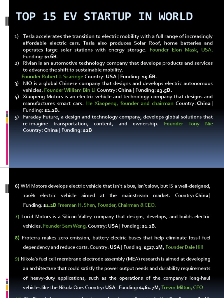 Top 15 Global EV Startups Overview | PDF | Electric Vehicle | Direct ...