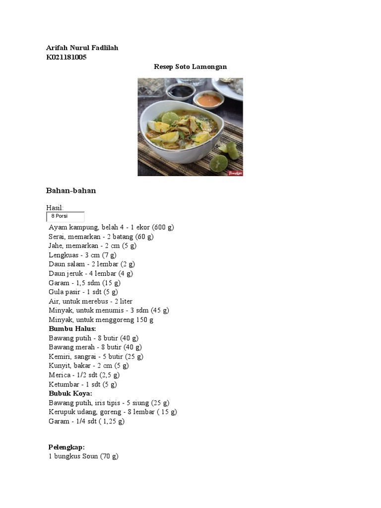 Modifikasi Resep Soto Lamongan Rendah Garam | PDF