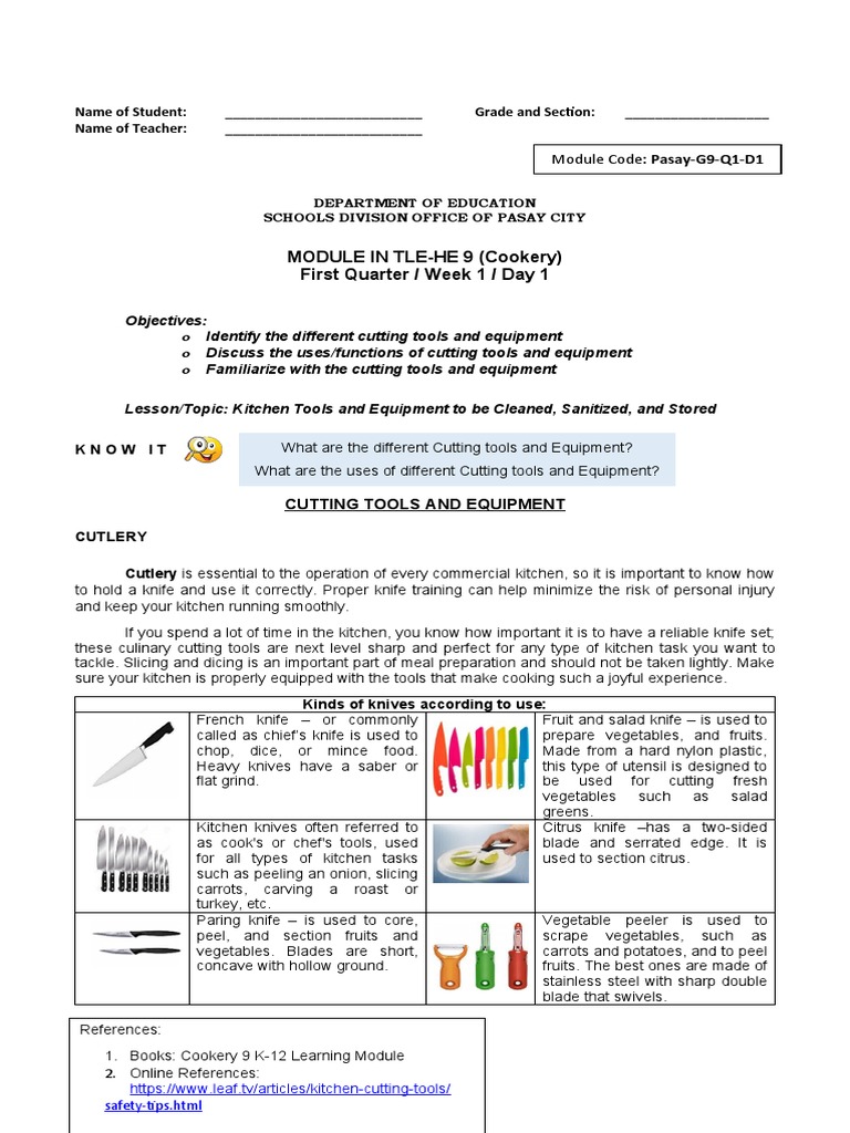 MODULE IN TLE-HE 9 (Cookery) First Quarter / Week 1 / Day 1 | PDF ...