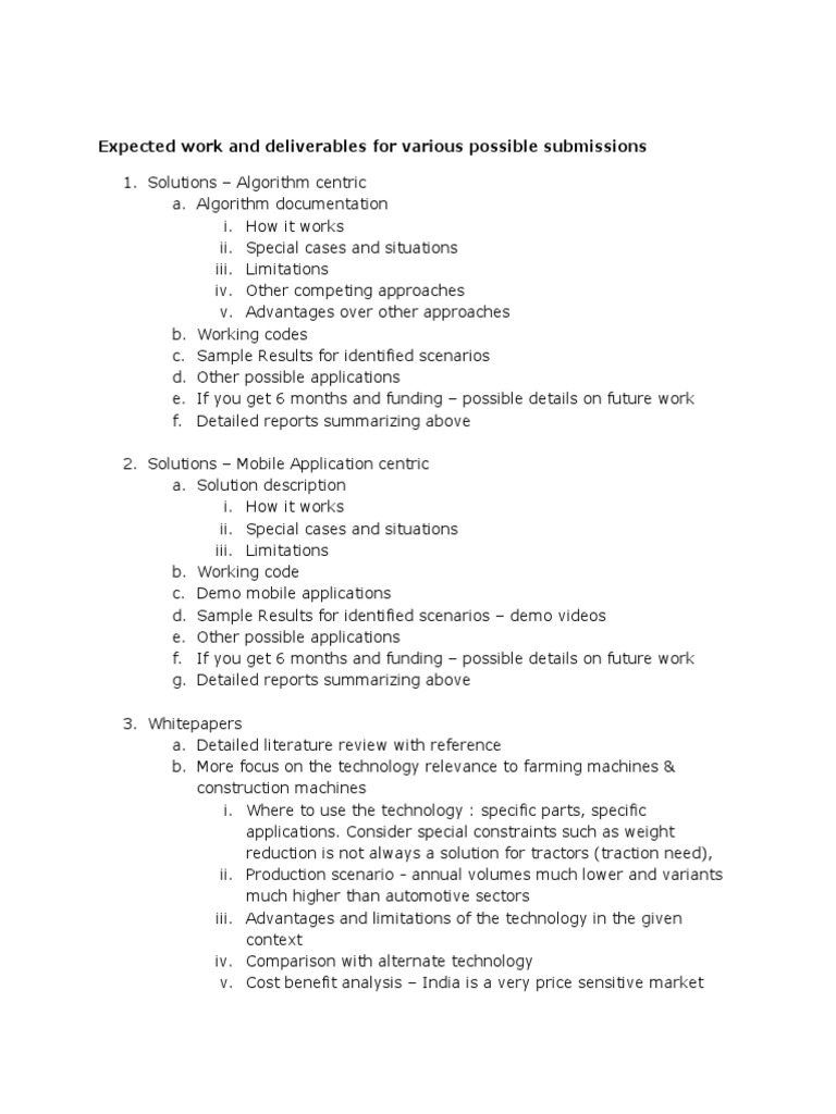 Expected Work and Deliverables For Various Possible Submissions | PDF ...