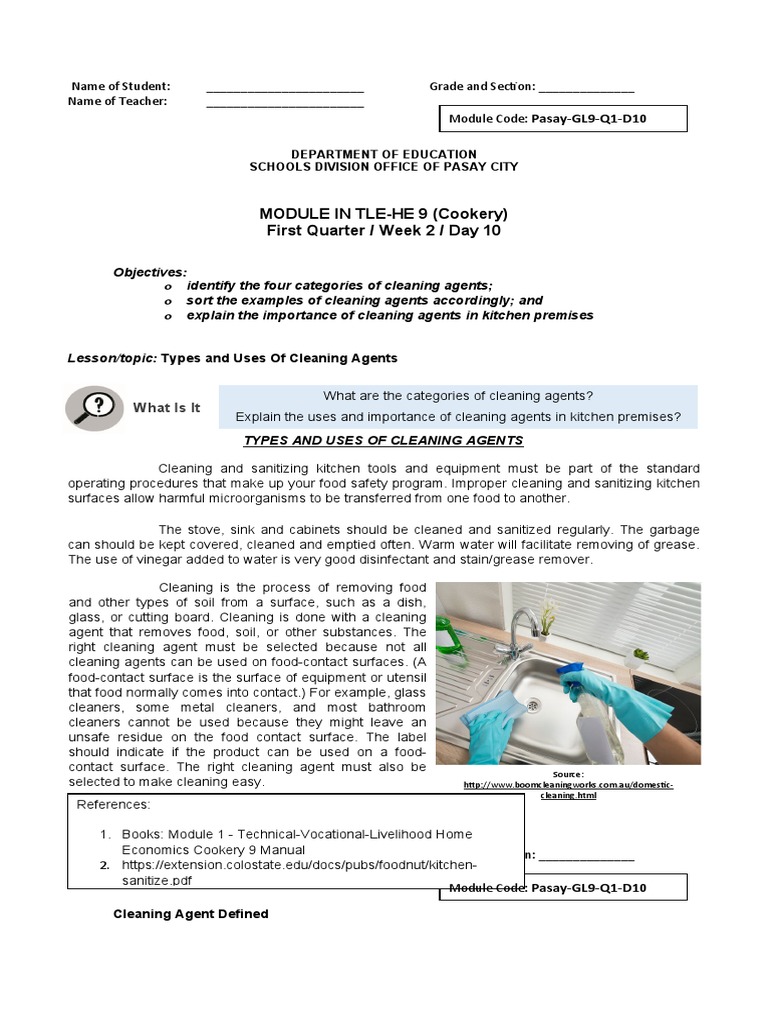 Q1-Cookery-Module-LESSON-10 Types and Uses of Cleaning Agents | PDF ...