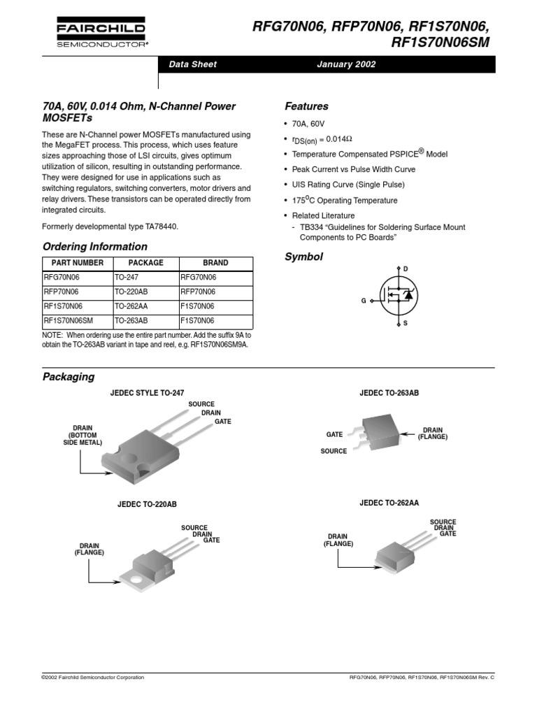 RFG70N06, RFP70N06, RF1S70N06, RF1S70N06SM: 70A, 60V, 0.014 Ohm, N ...