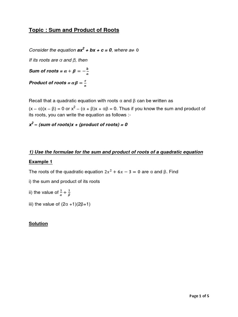 Sum and Product of Roots Worksheet 1 | PDF | Quadratic Equation ...