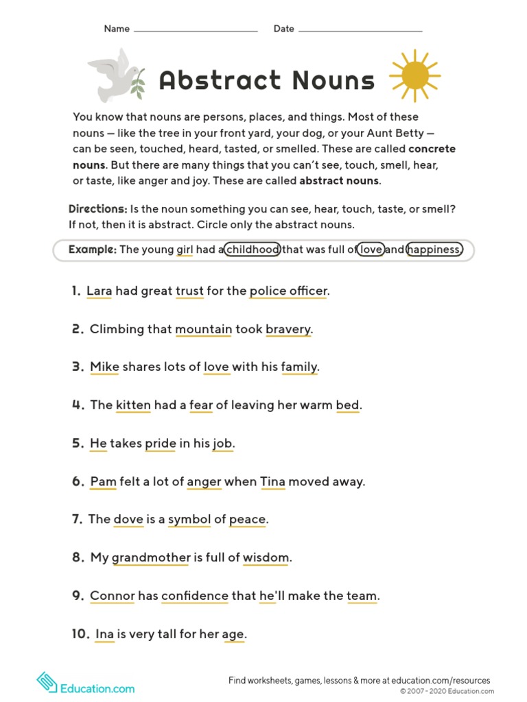 Abstract Nouns Worksheet 2 | PDF
