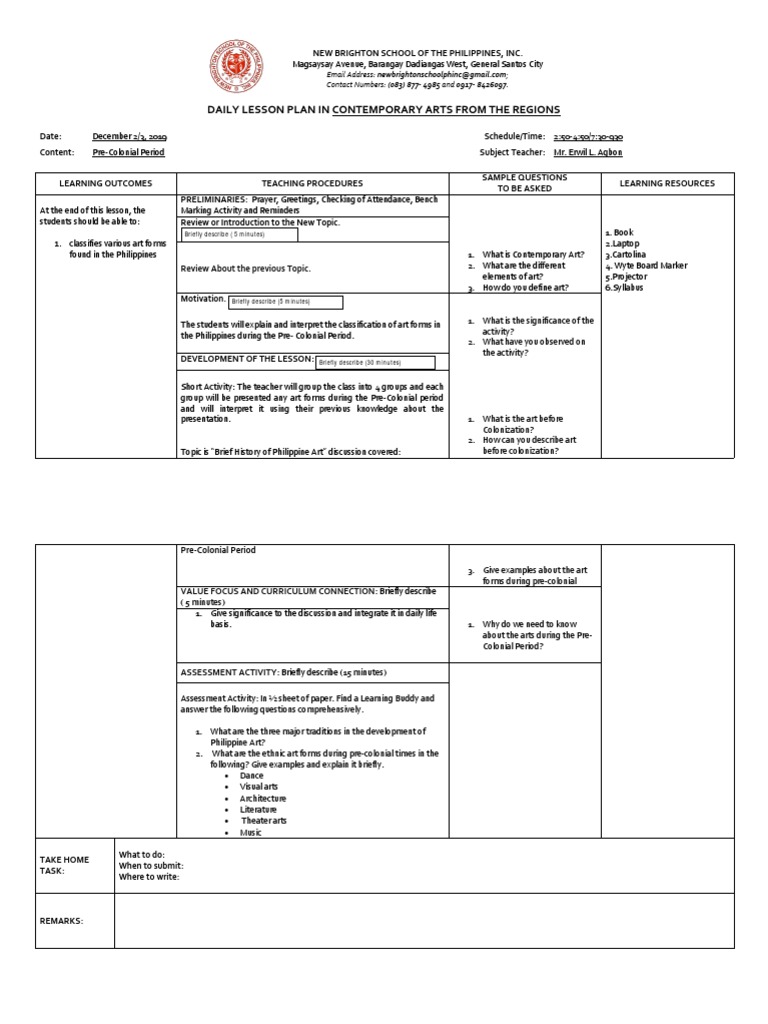 Daily Lesson Plan in Contemporary Arts From The Regions: Contact ...
