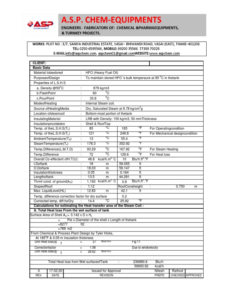 Design Calculation For Coil in The HFO Tank - TK14 & TK 15 | PDF | Fuel ...