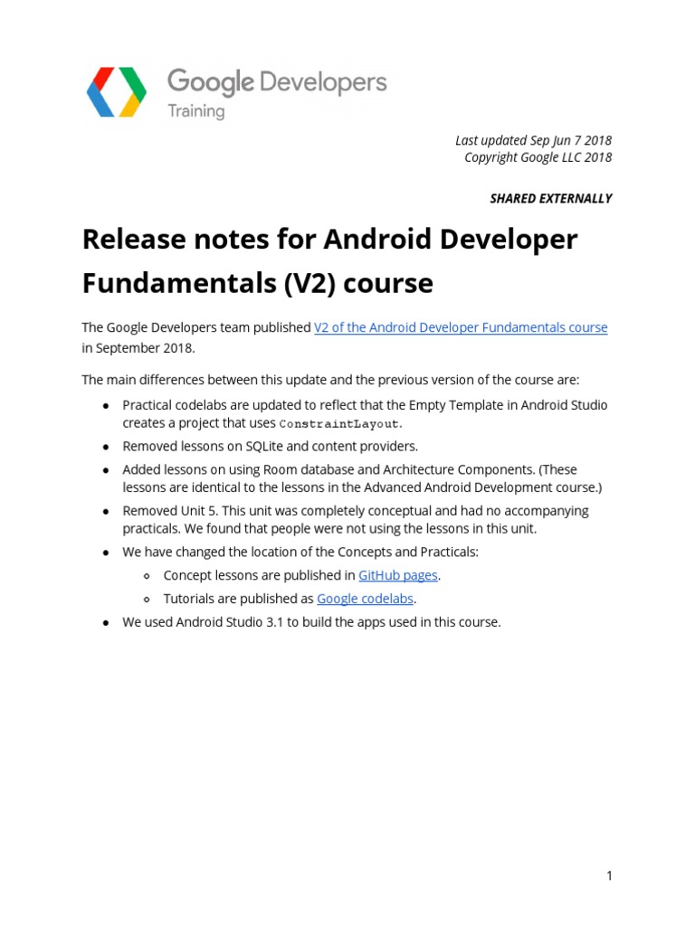 Android Developer Fundamentals V2 Release Notes (PUBLIC) | PDF