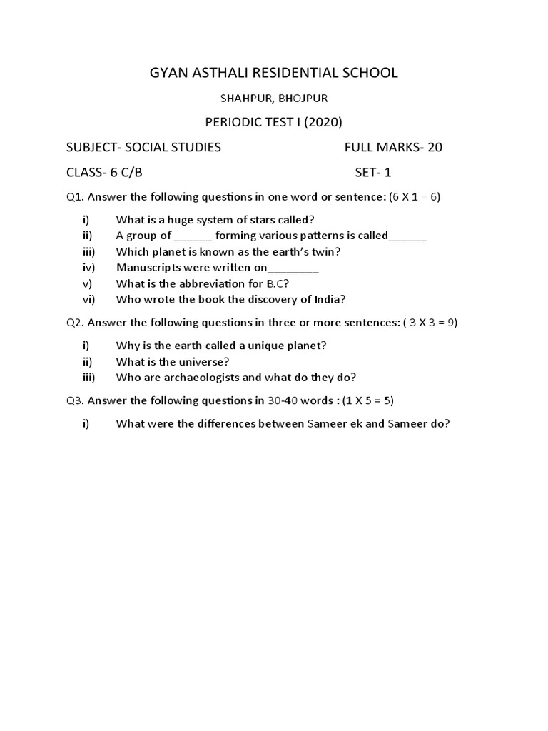 Class 6 S.ST Paper | PDF | Planets | Solar System