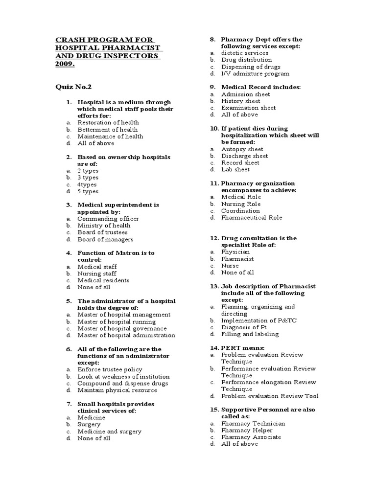 Quiz 2 Hospital | PDF | Pharmacy | Pharmacist