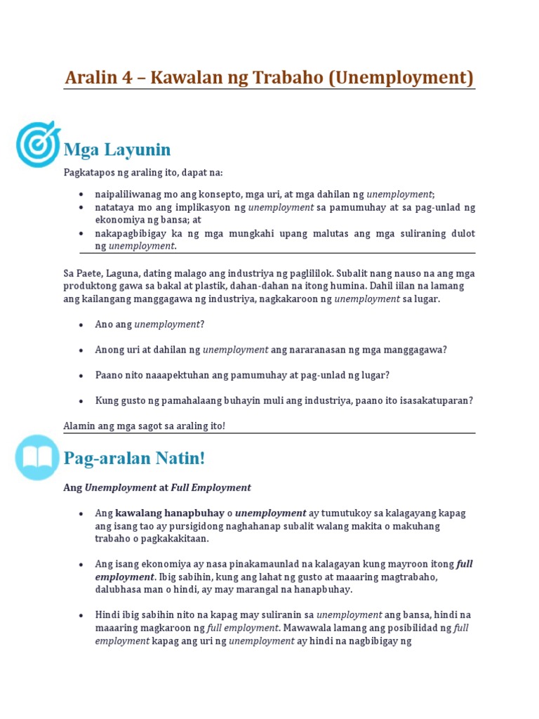 Aralin 4 - Kawalan NG Trabaho (Unemployment) | PDF