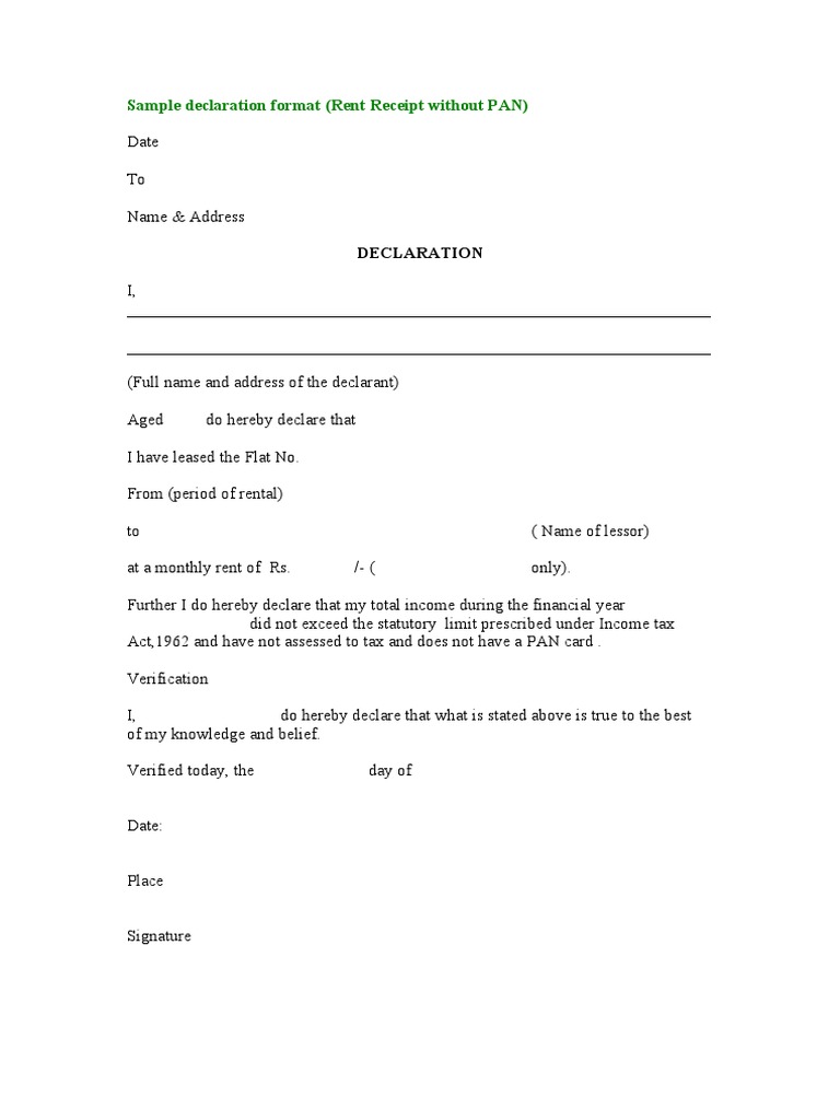 Sample Declaration Format (Rent Receipt Without PAN) | PDF