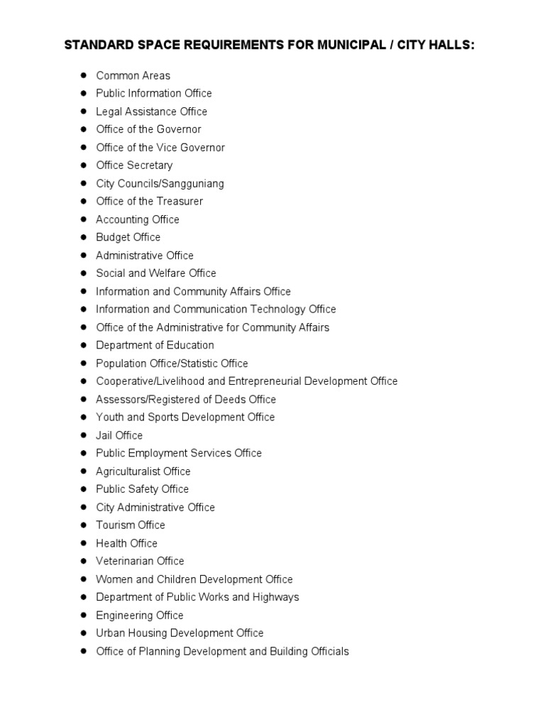 Standard Space Requirements For Municipal / City Halls | PDF