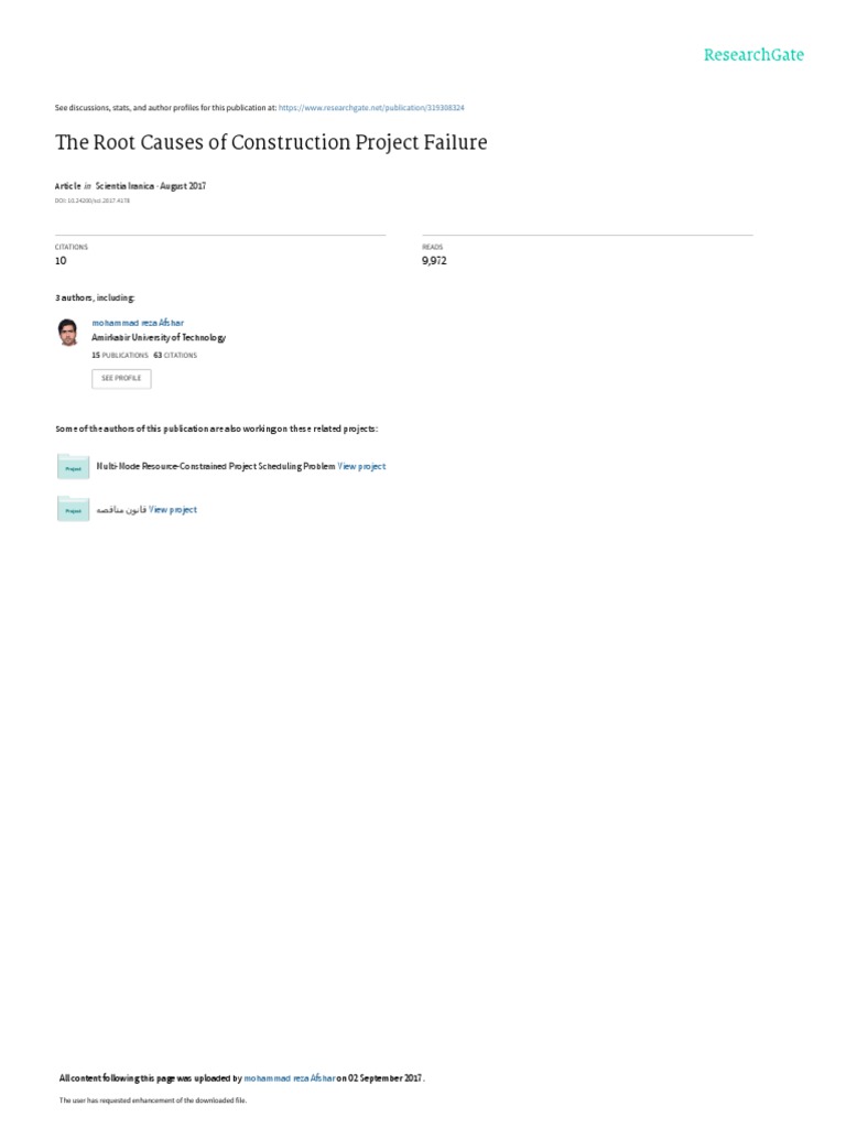 The Root Causes of Construction Project Failure: Scientia Iranica ...